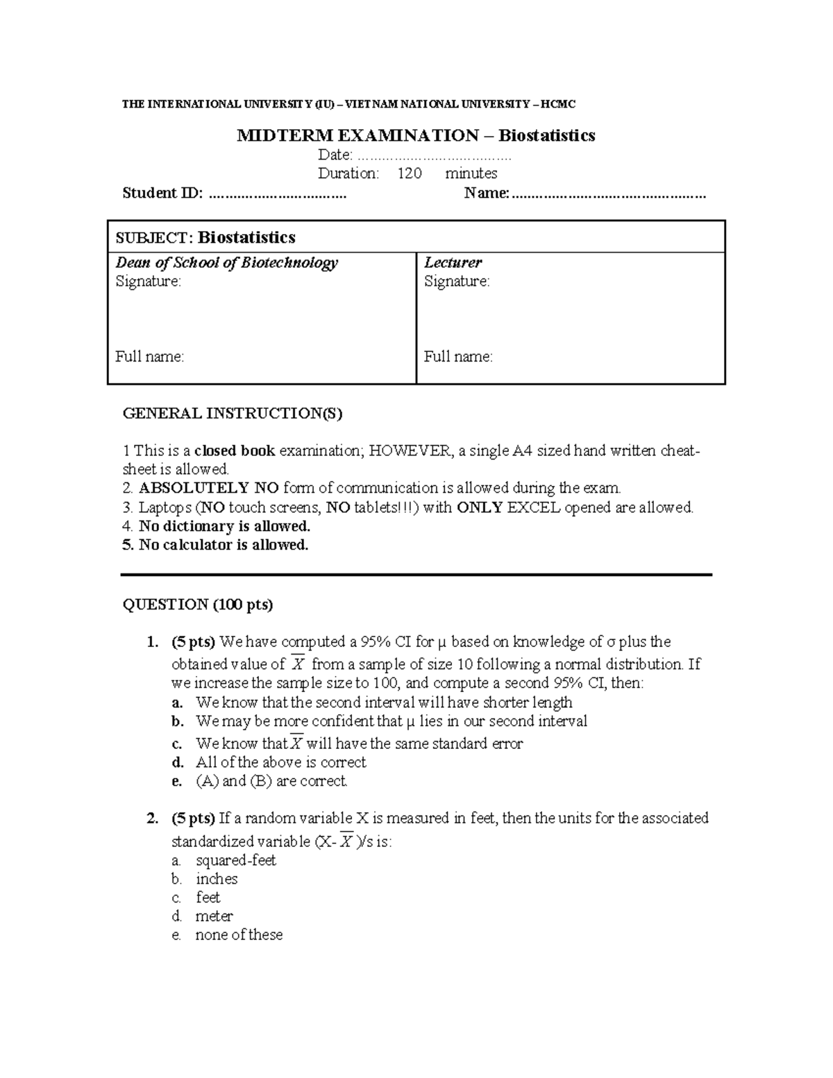 Biostatistics Midterm Exam Sample Test 01 - IU Course Code - Studocu