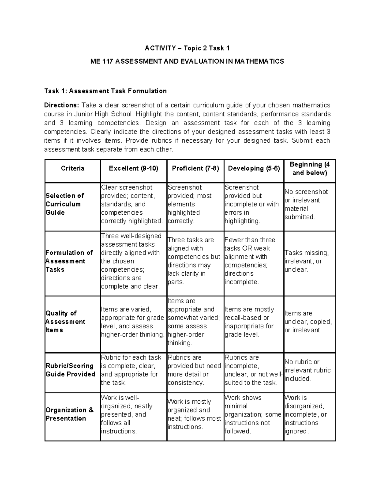ACTIVITY Topic 2 Task 1 ME 117 Assessment Task Design in Mathematics ...