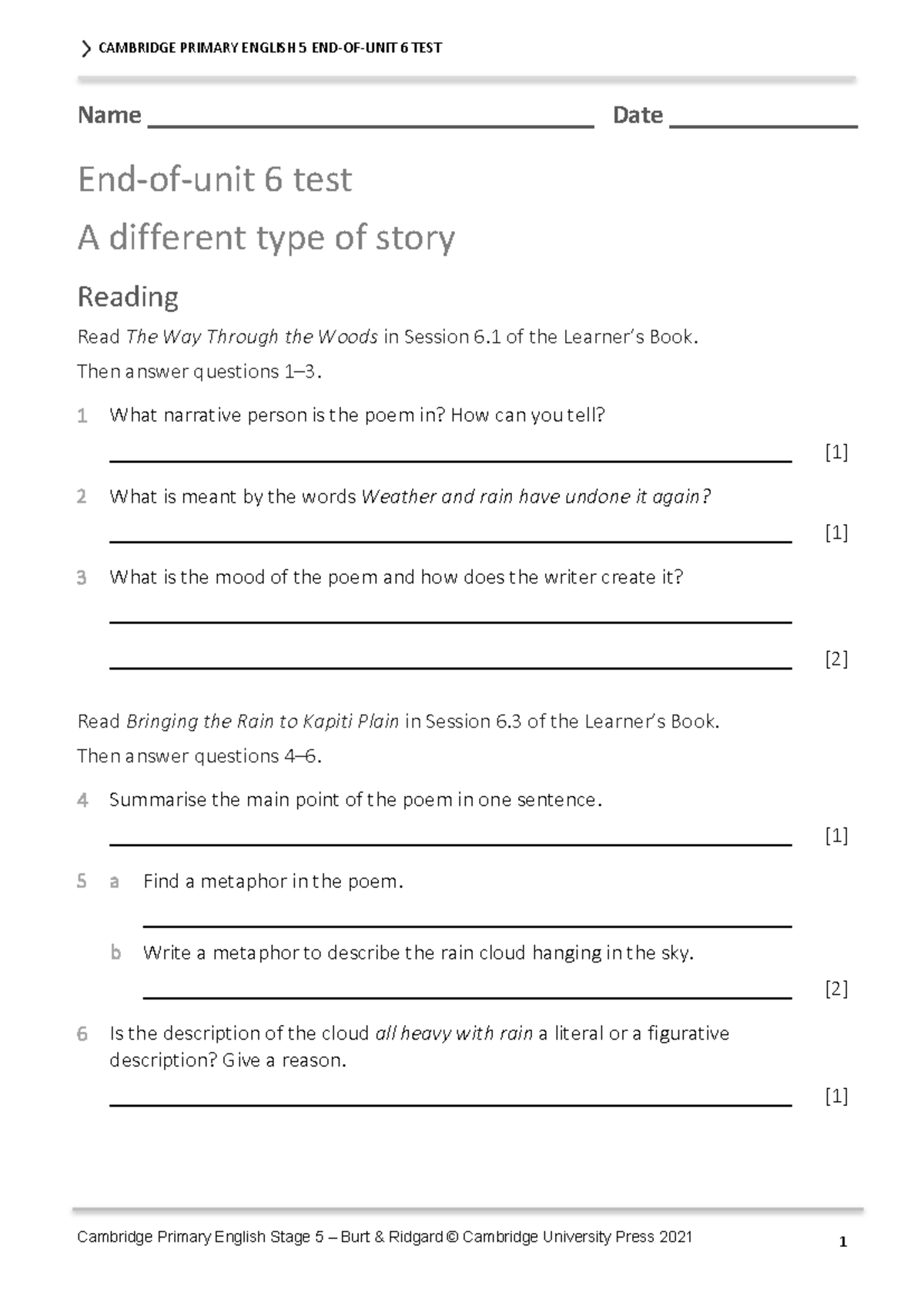 CAMBRIDGE PRIMARY ENGLISH 5 6 UNIT 6 END OF UNIT TEST - Studocu
