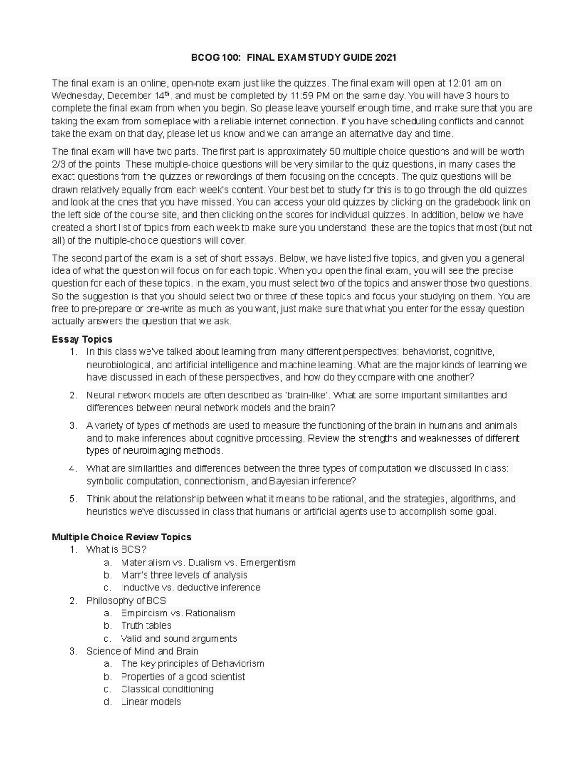 BCOG 100 Final Exam Study Guide Winter 2021: Key Topics & Tips - Studocu