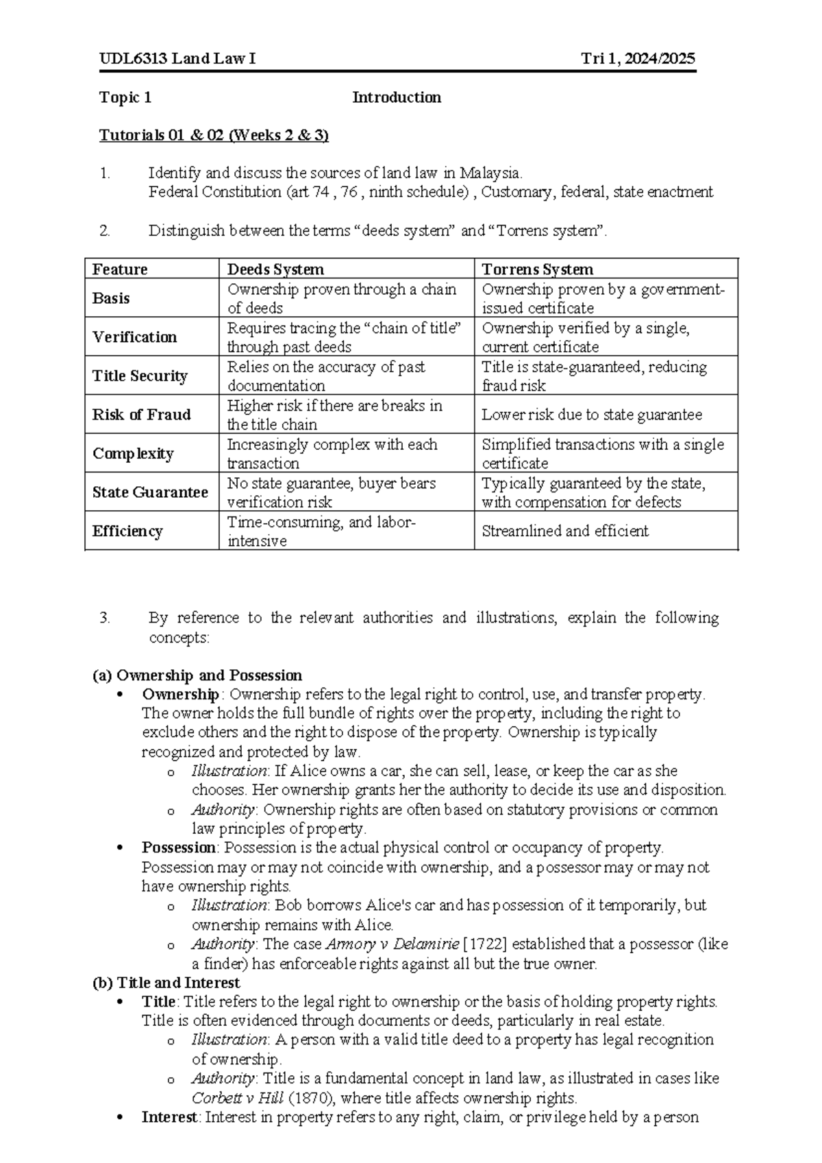 Tutorial Topic 1 (answered) - UDL6313 Land Law I Tri 1, 2024/ Topic 1 ...