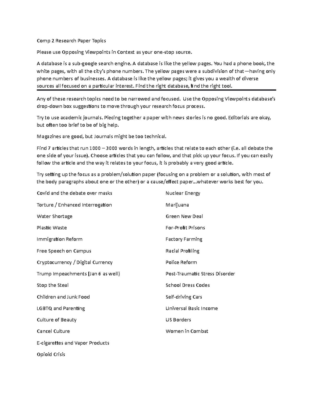 Comp 2 Research Paper Topics and Focus Strategies for Success - Studocu