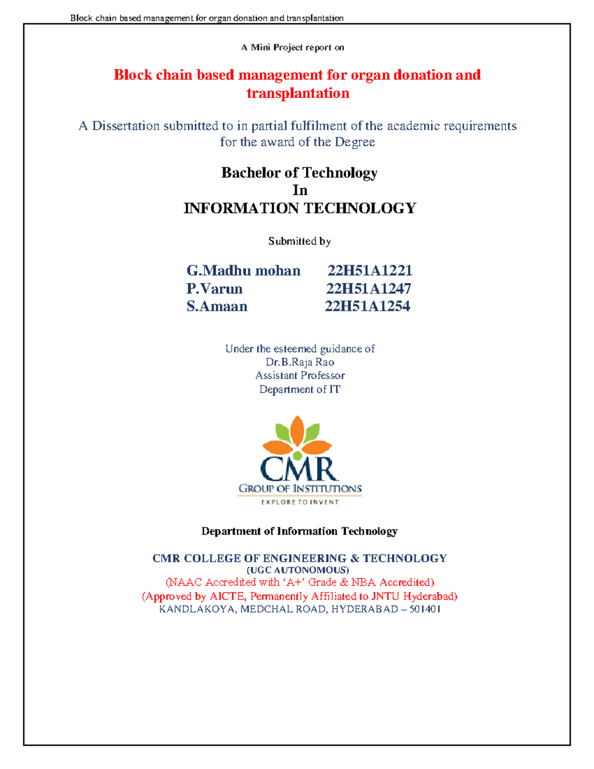 B.Tech Mini Project Report: Blockchain Management for Organ Donation ...