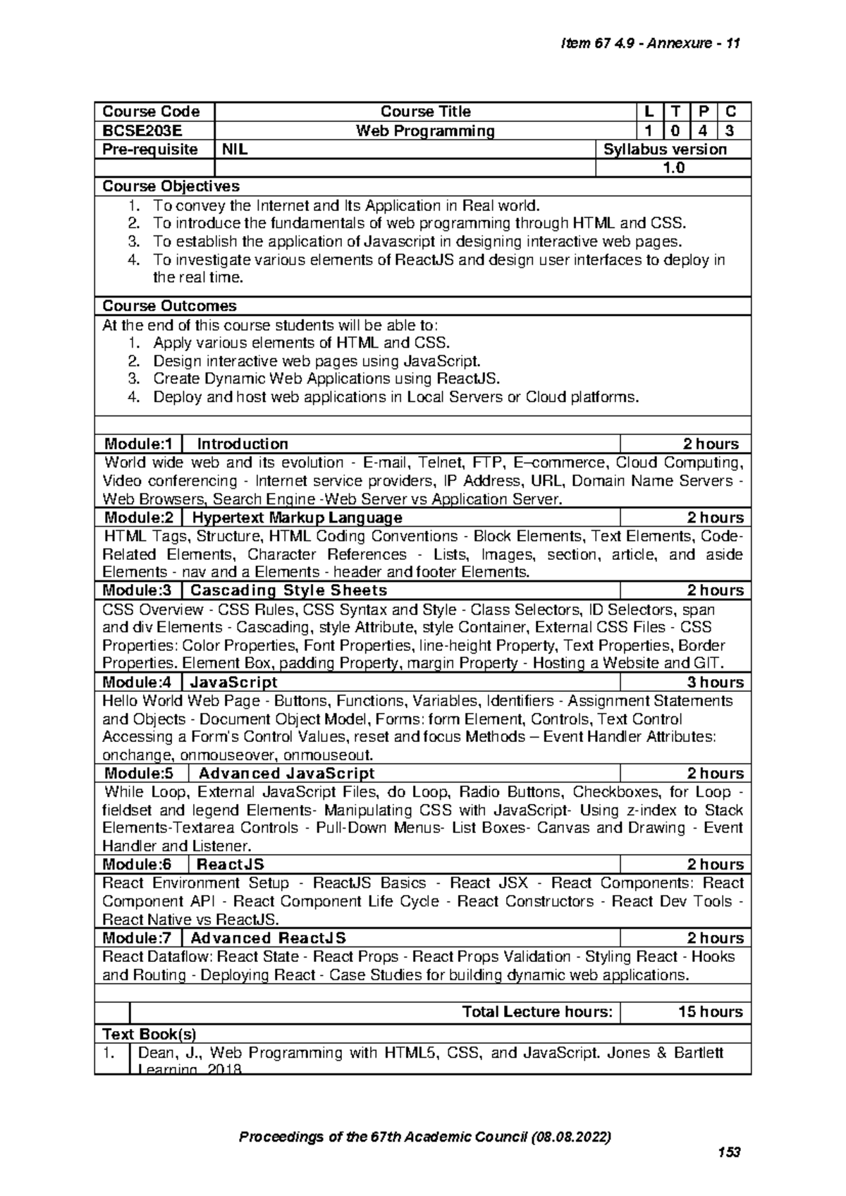 WEB Programming Course BCSE203E - Syllabus & Module Overview - Studocu