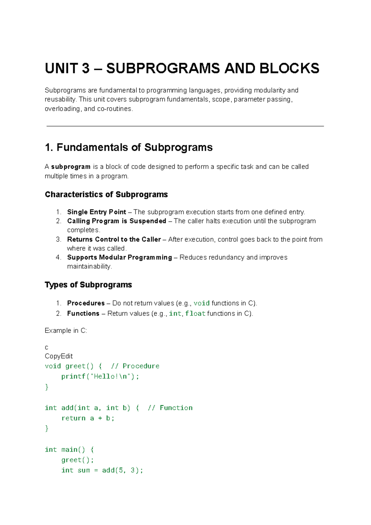 UNIT 3 – Subprograms AND Blocks - UNIT 3 – SUBPROGRAMS AND BLOCKS ...