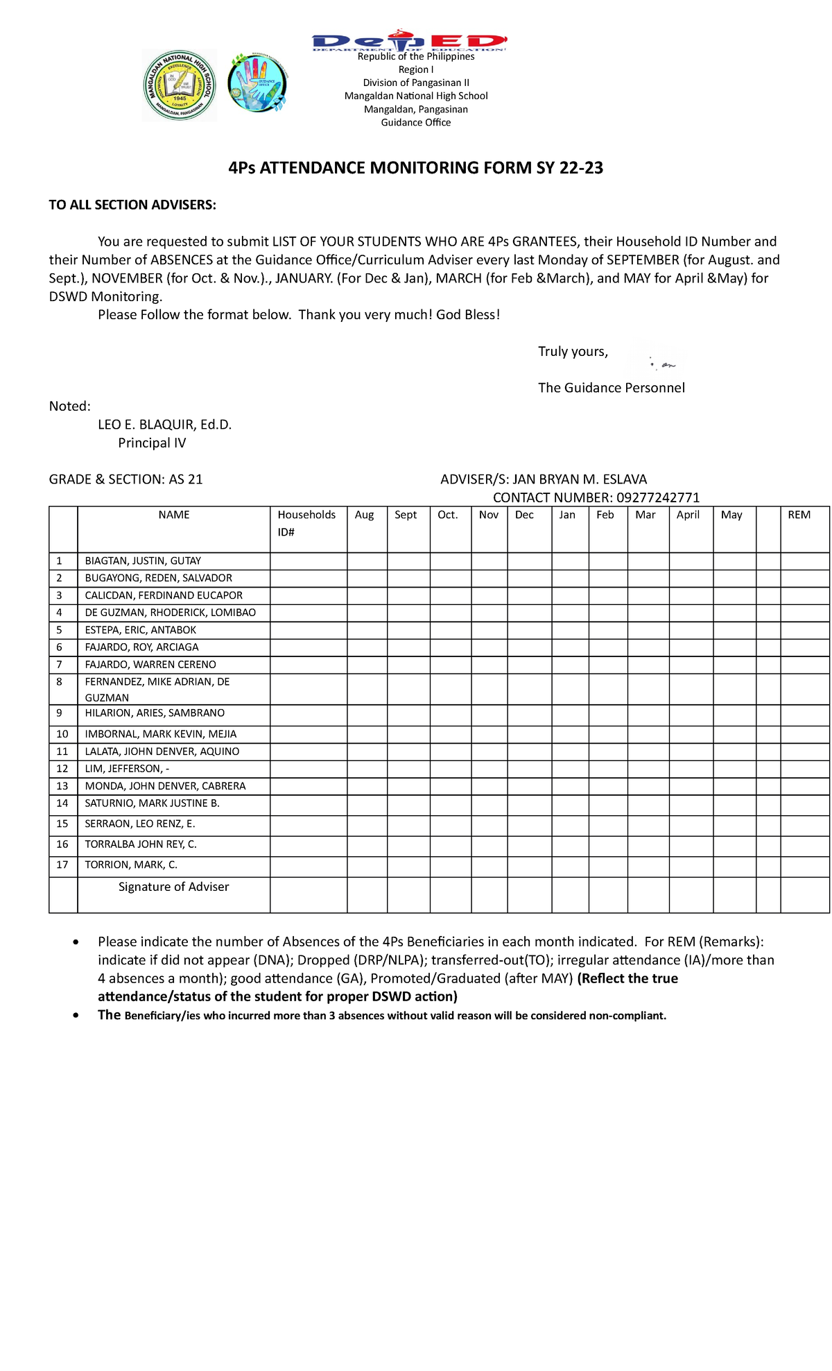4Ps Attendance Monitoring Form - AS 21 Grantees SY 22-23 - Studocu