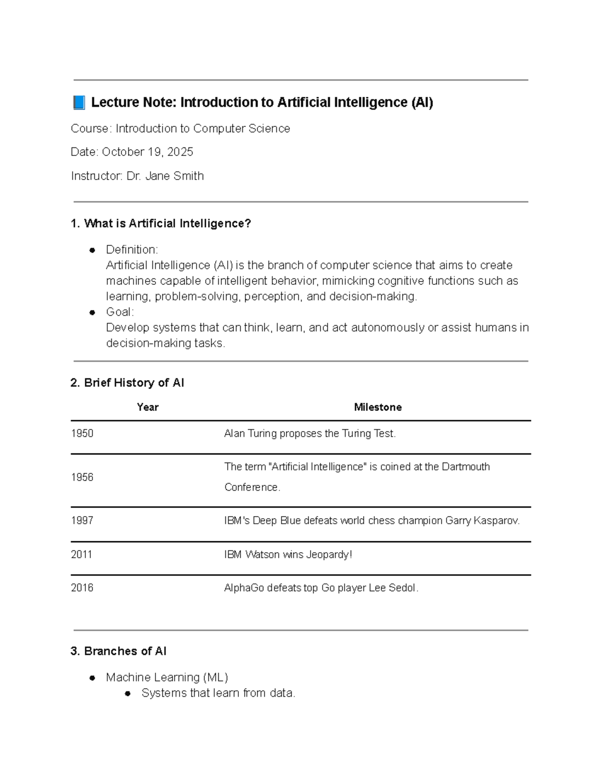 Lecture Notes: Introduction to AI - Course: Intro to Computer Science ...