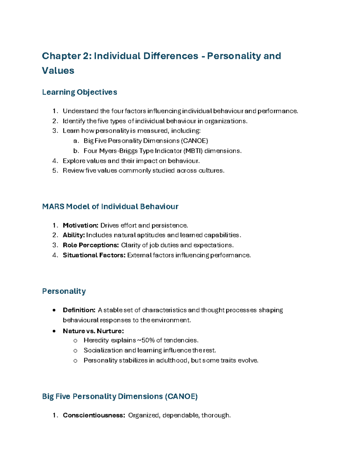 Org Behaviour CH 2: Personality, Values & Individual Differences Notes ...
