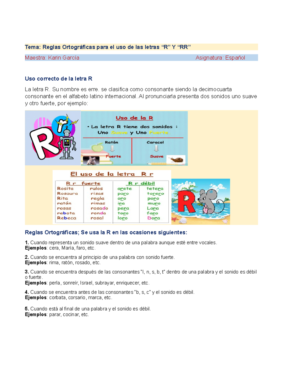 Uso de la R y RR: Reglas Ortográficas en Español - Clase de Karin - Studocu
