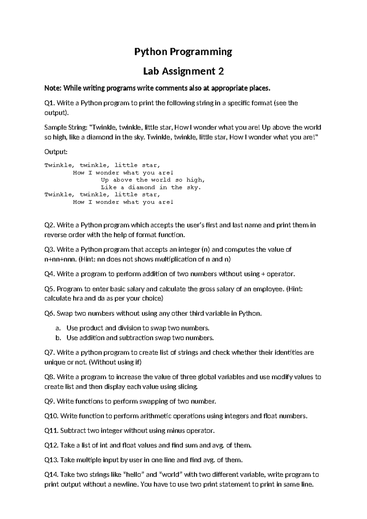 Python Programming Lab Assignment 2: Practical Tasks and Solutions - Studocu