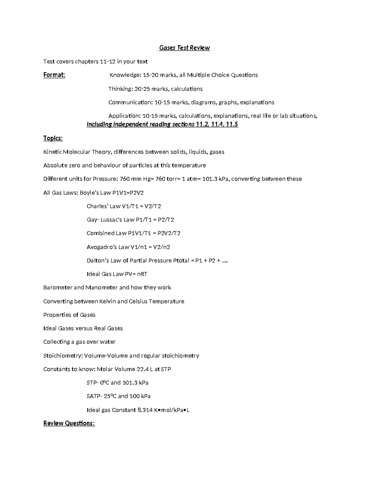 11U Unit #5 Gases Test Review - Study Guide & Answer Key - Studocu