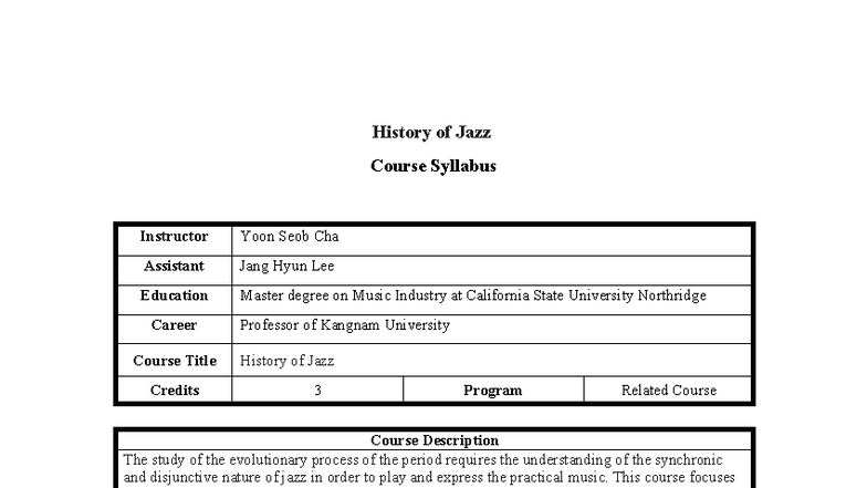 History of Jazz Course Syllabus (MUS 101) - Instructor Yoon Seob Cha ...