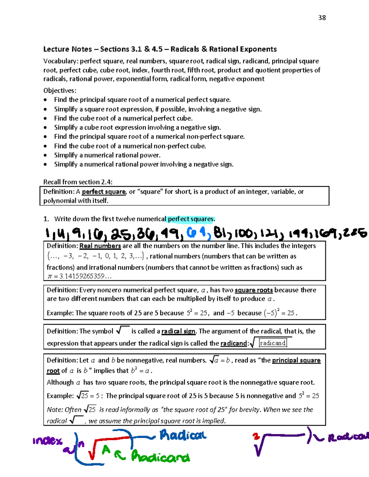 M1105C Lecture Notes: Radicals & Rational Exponents (Sections 3.1 & 4.5 ...