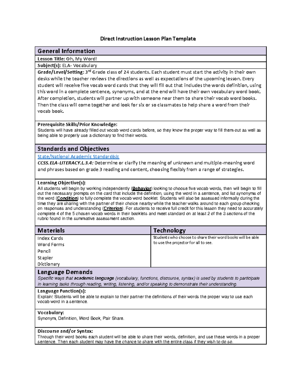 C909 Task 1 - Task 1 - Direct Instruction Lesson Plan Template General ...