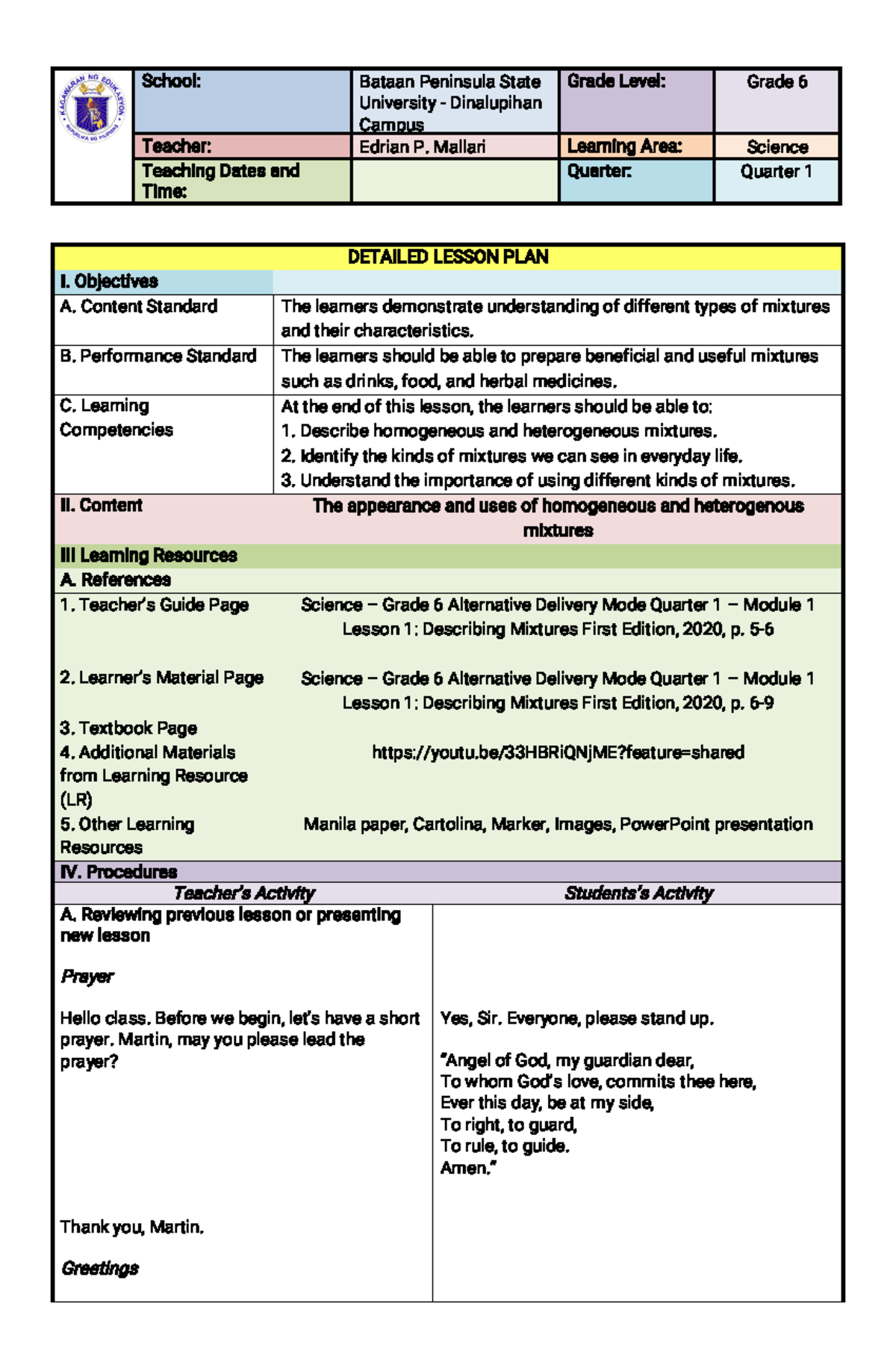DLPScience-Intermediate Grade: Detailed Lesson Plan on Mixtures - Studocu
