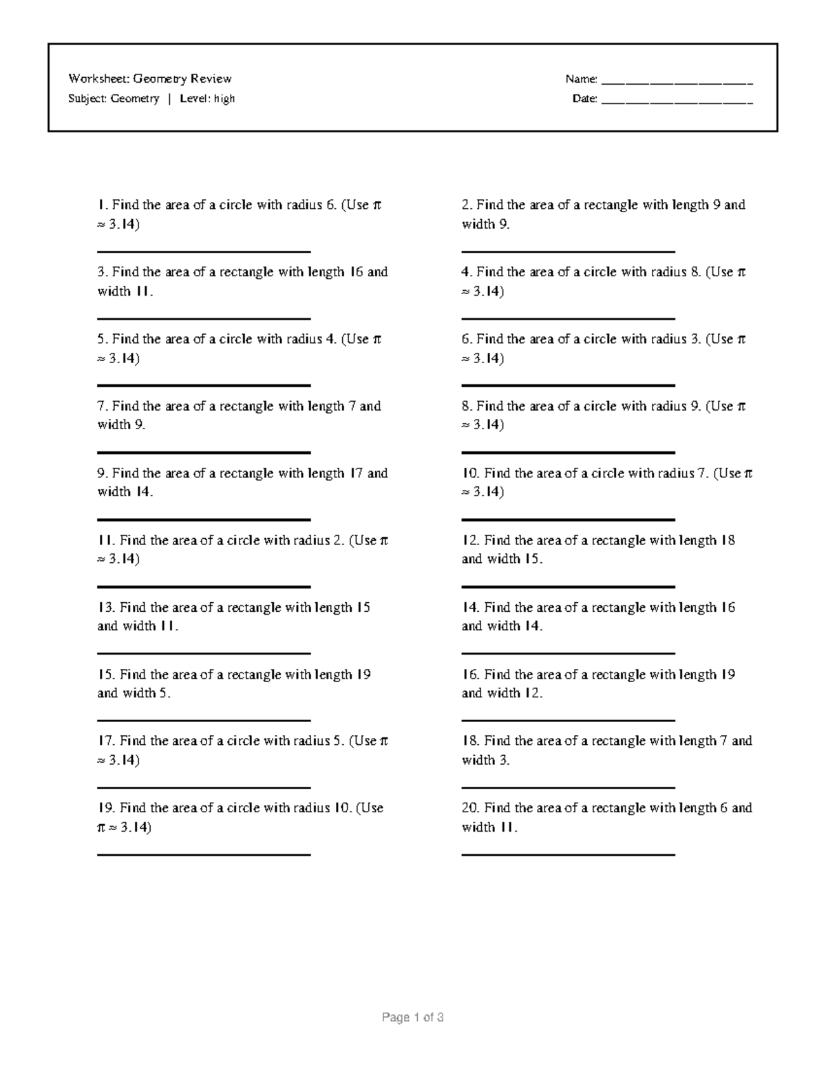 Geometry Review Worksheet: Area Calculations and Answers - Studocu