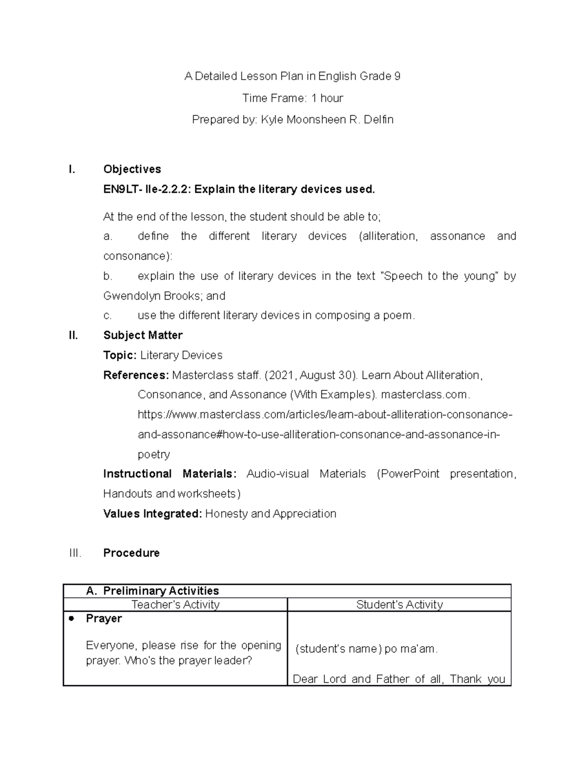Detailed Lesson Plan: Literary Devices in English Grade 9 - Studocu