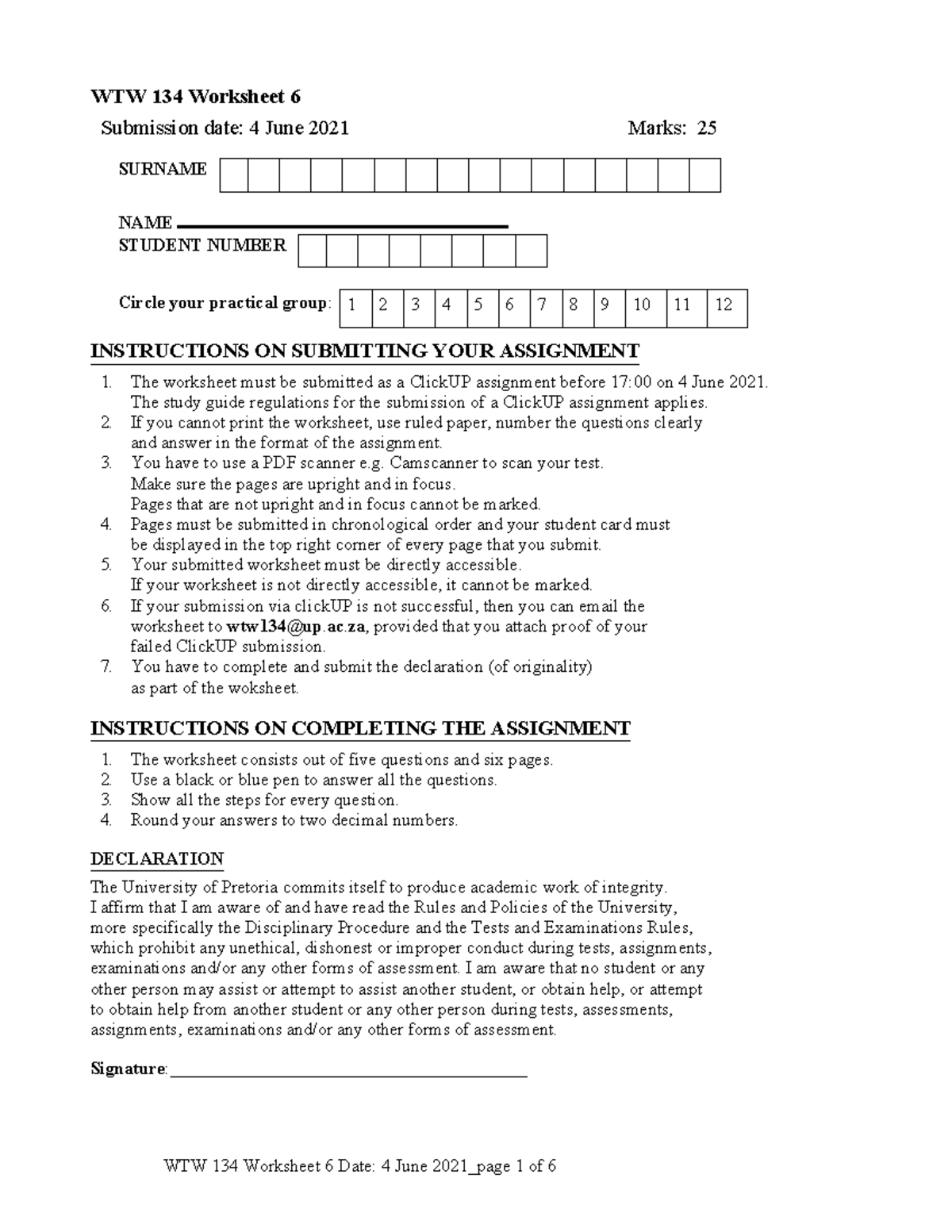 Worksheet 6 - WTW 134 Worksheet 6 Submission date: 4 June 2021 Marks ...