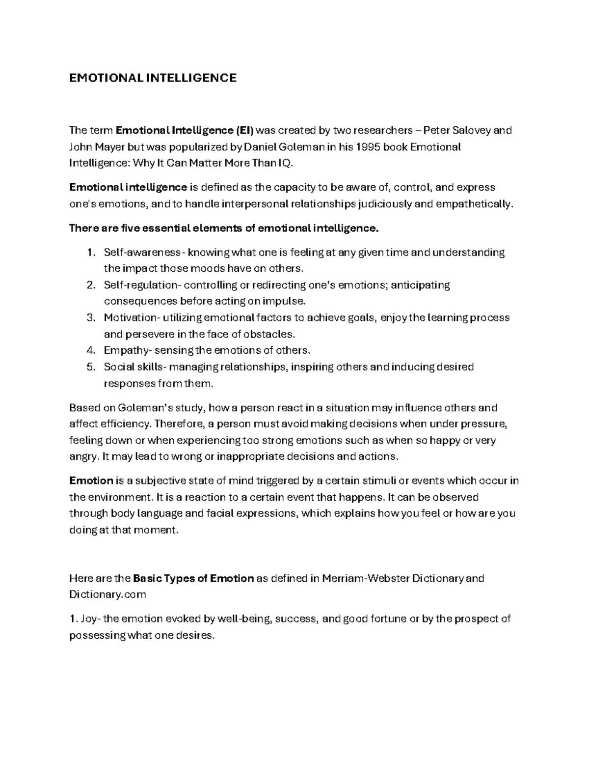 EMT 101: Emotional Intelligence Overview and Key Concepts - Studocu