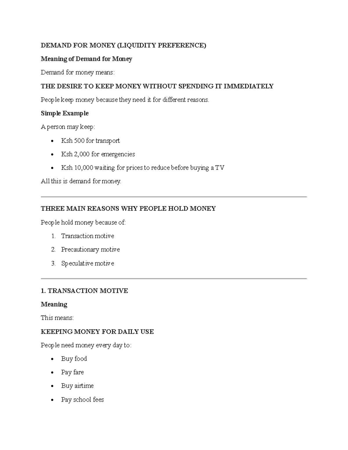 Demand for Money (Liquidity Preference) - Study Notes - Studocu