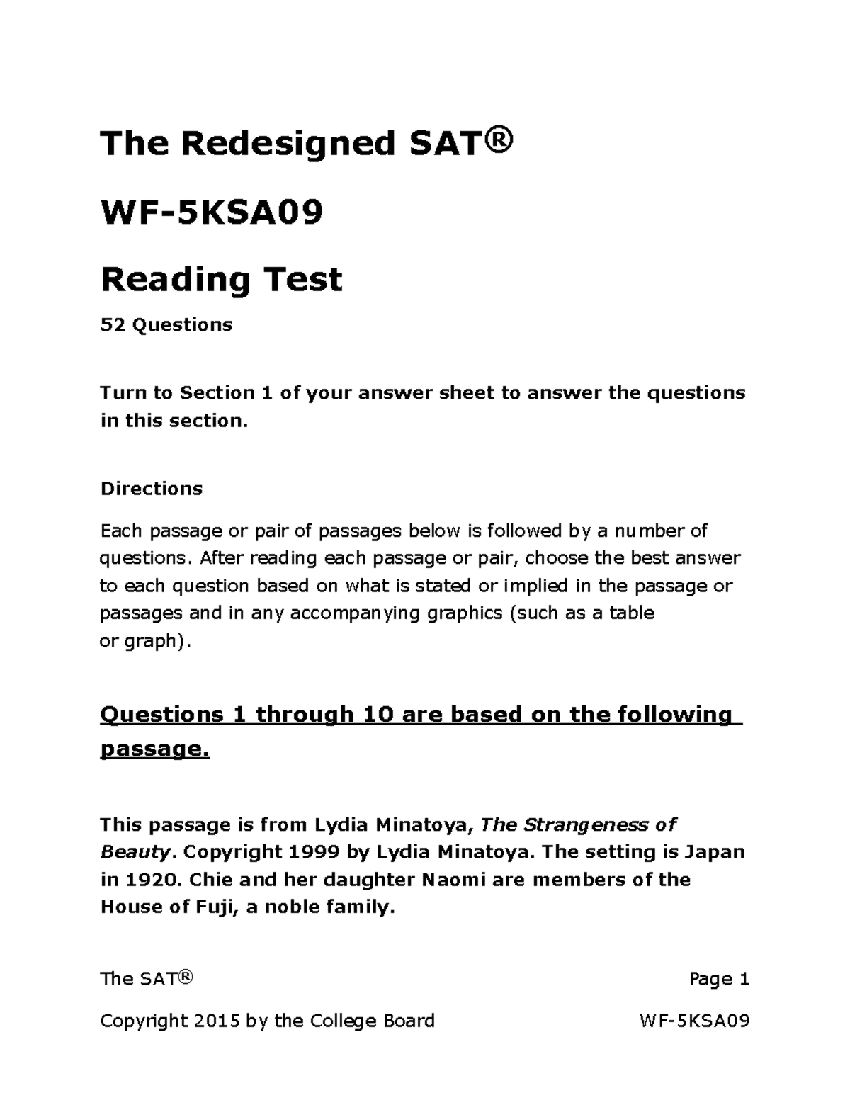 SAT Practice Test 1: Reading Comprehension & Analysis (52 Questions ...