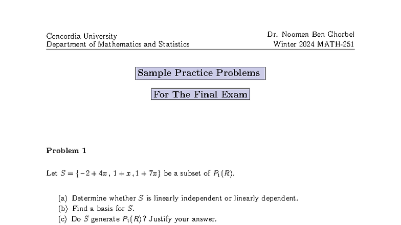 MATH251 Winter 2024 Sample Final Exam Practice Problems - Studocu