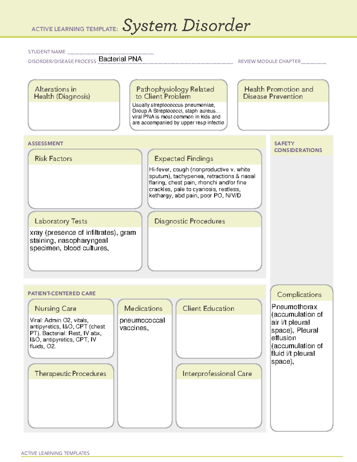 System Disorder: Bacterial Pneumonia Active Learning Template - Studocu