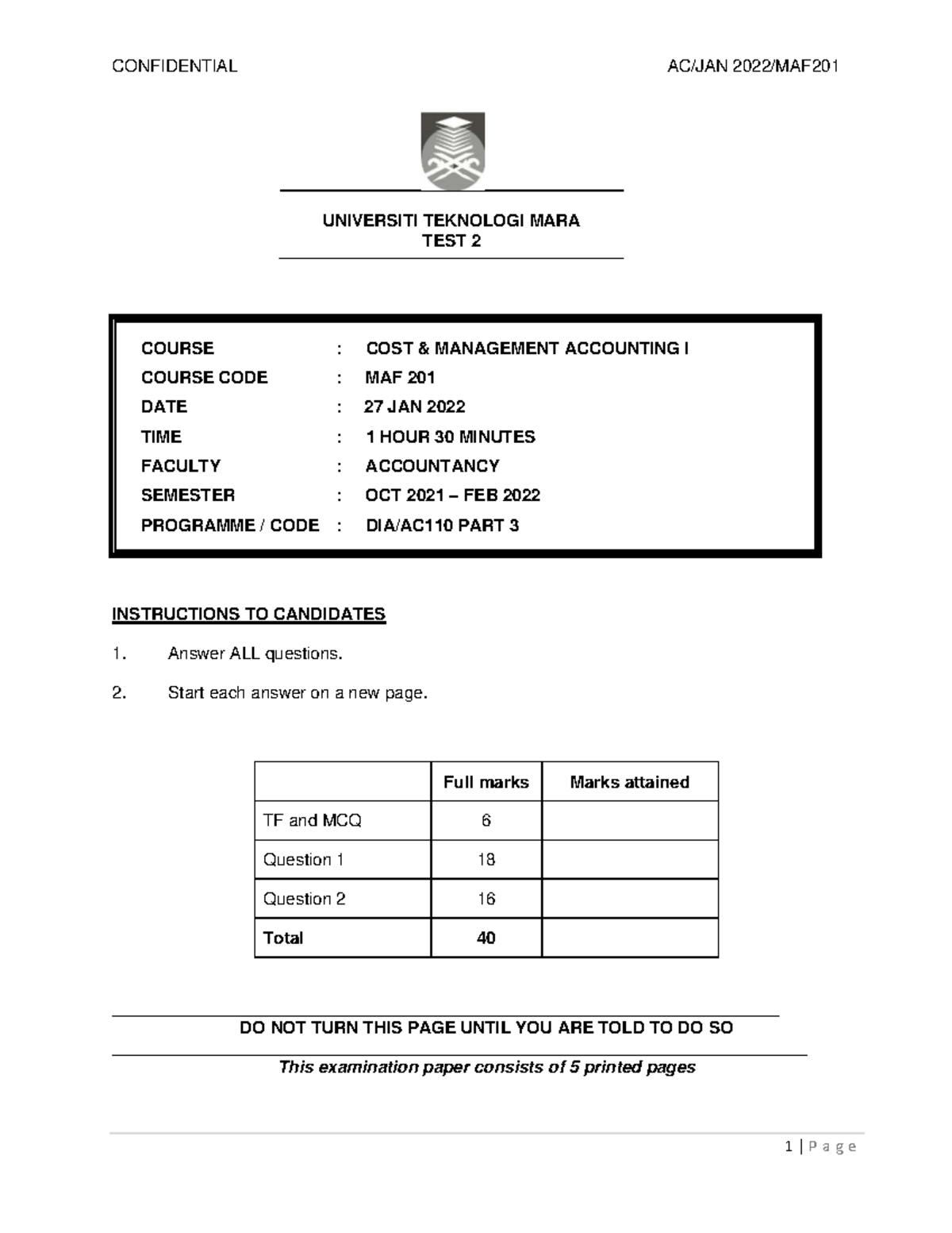 Test 2 MAF 201: Cost Management Accounting I - January 2022 Exam - Studocu
