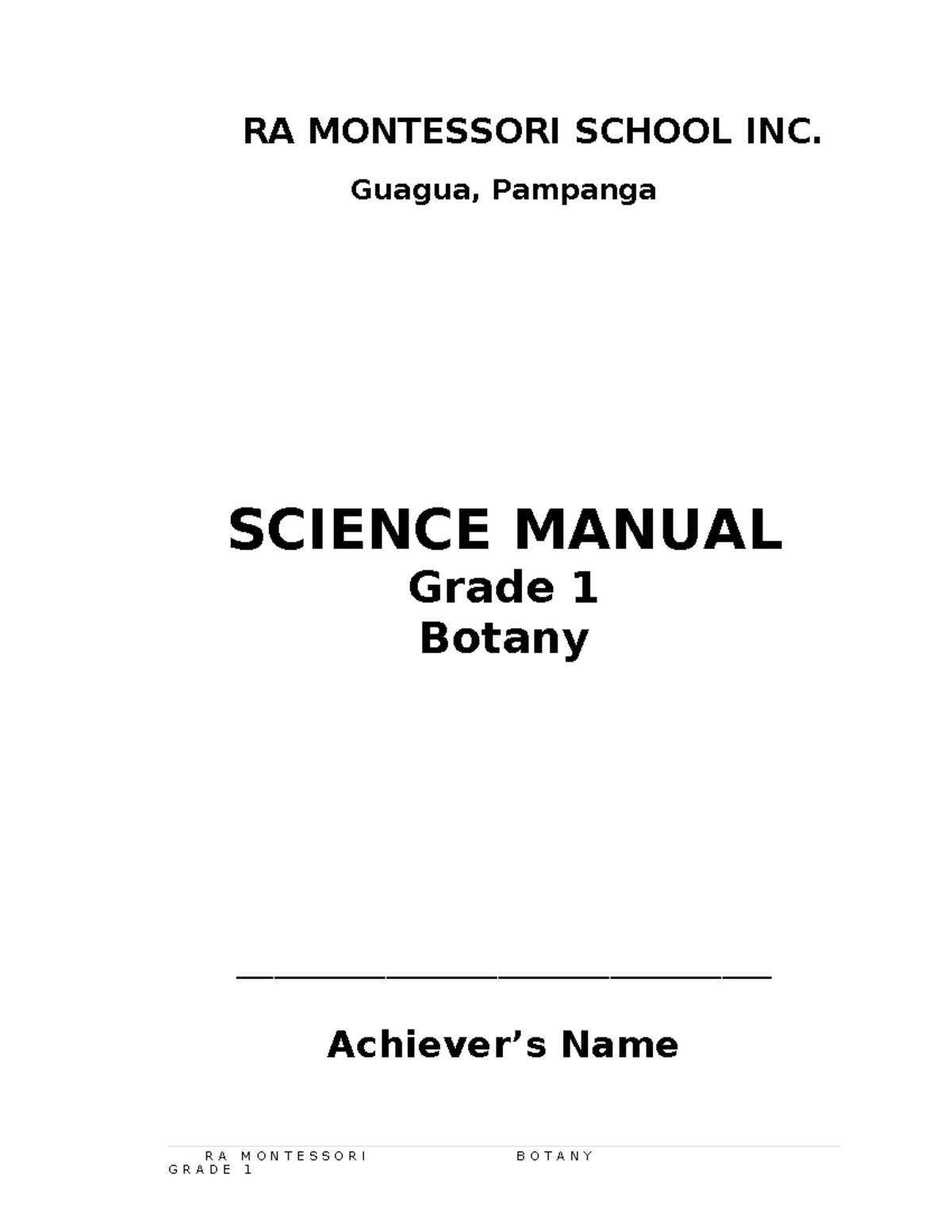 RA MONTESSORI GRADE 1 SCIENCE MANUAL: Botany Overview - Studocu