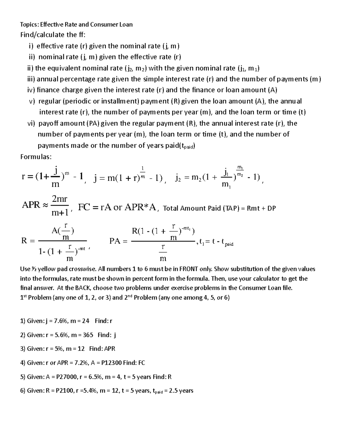 Effective Rate & Consumer Loans: Key Formulas & Exercises - Studocu
