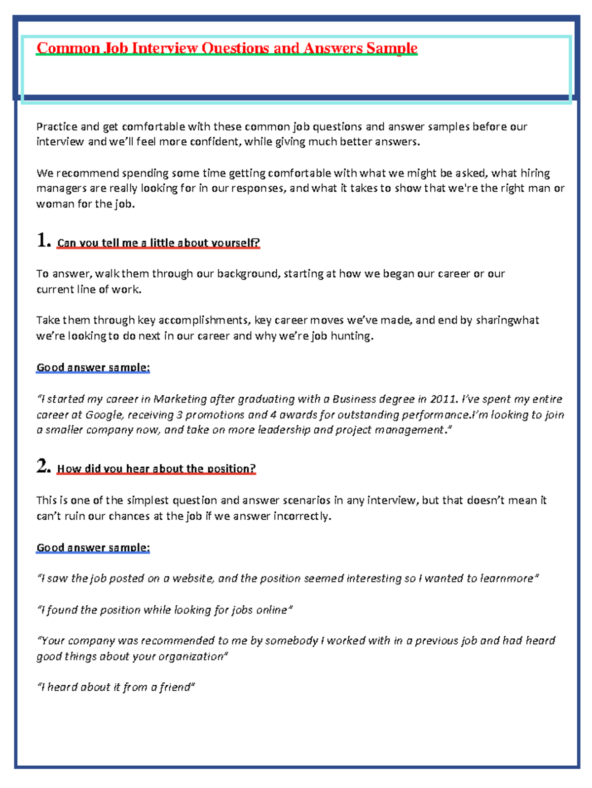 Common Job Interview Questions & Answers: Practice Guide - Studocu