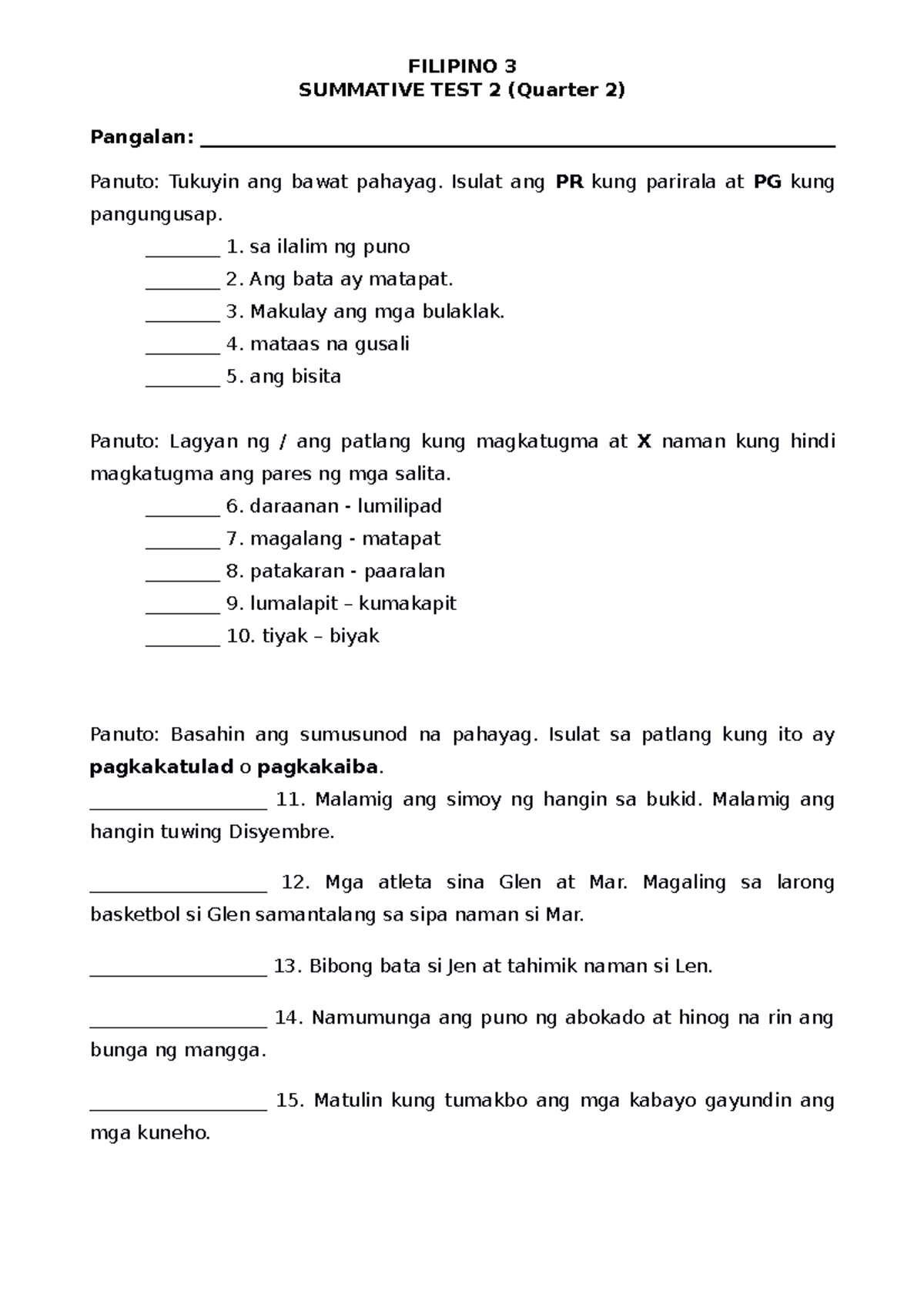 Q2-ST2 - Filipino 3 - Summative Test 2 for Grade 3 - Studocu