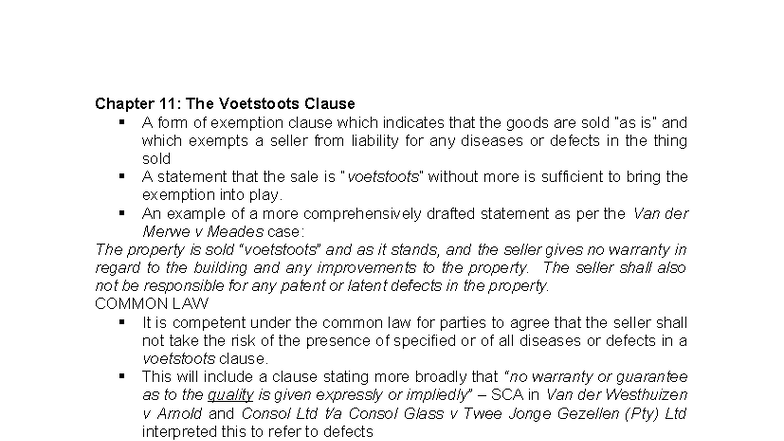 Chapter 11: Voetstoots Clause - Key Legal Insights and Cases - Studocu