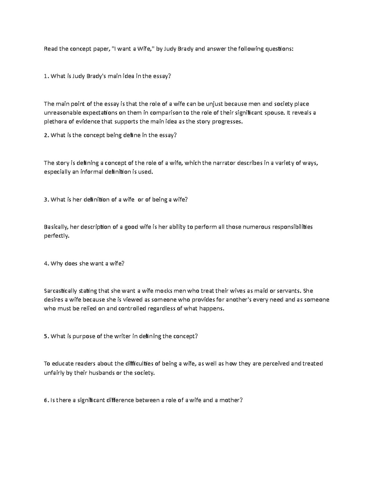 Concept Paper Analysis: "I Want a Wife" by Judy Brady - Studocu