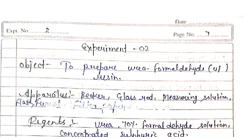 Experiment 2: Preparation of Urea-Formaldehyde Resin - Studocu