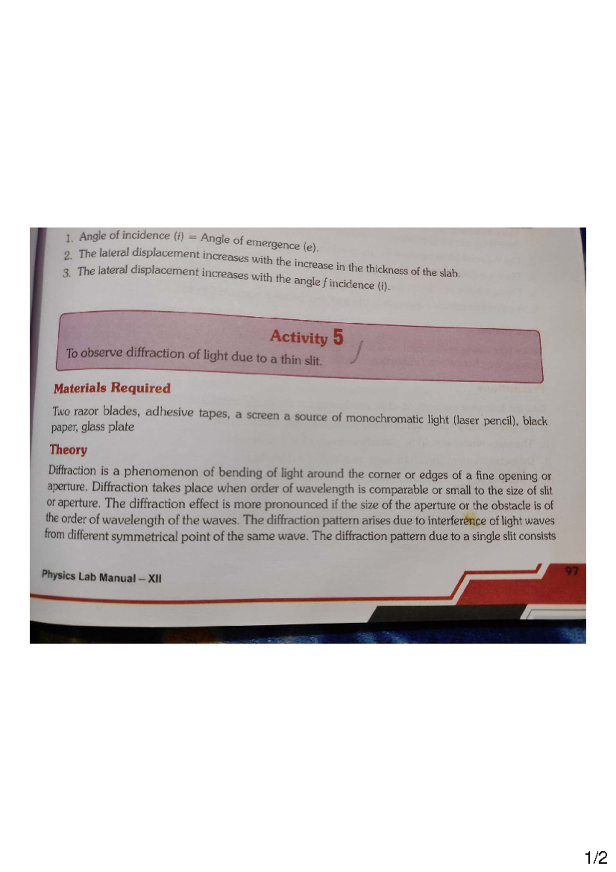 Physics Lab Manual XII: Diffraction of Light Activity 6 - Studocu