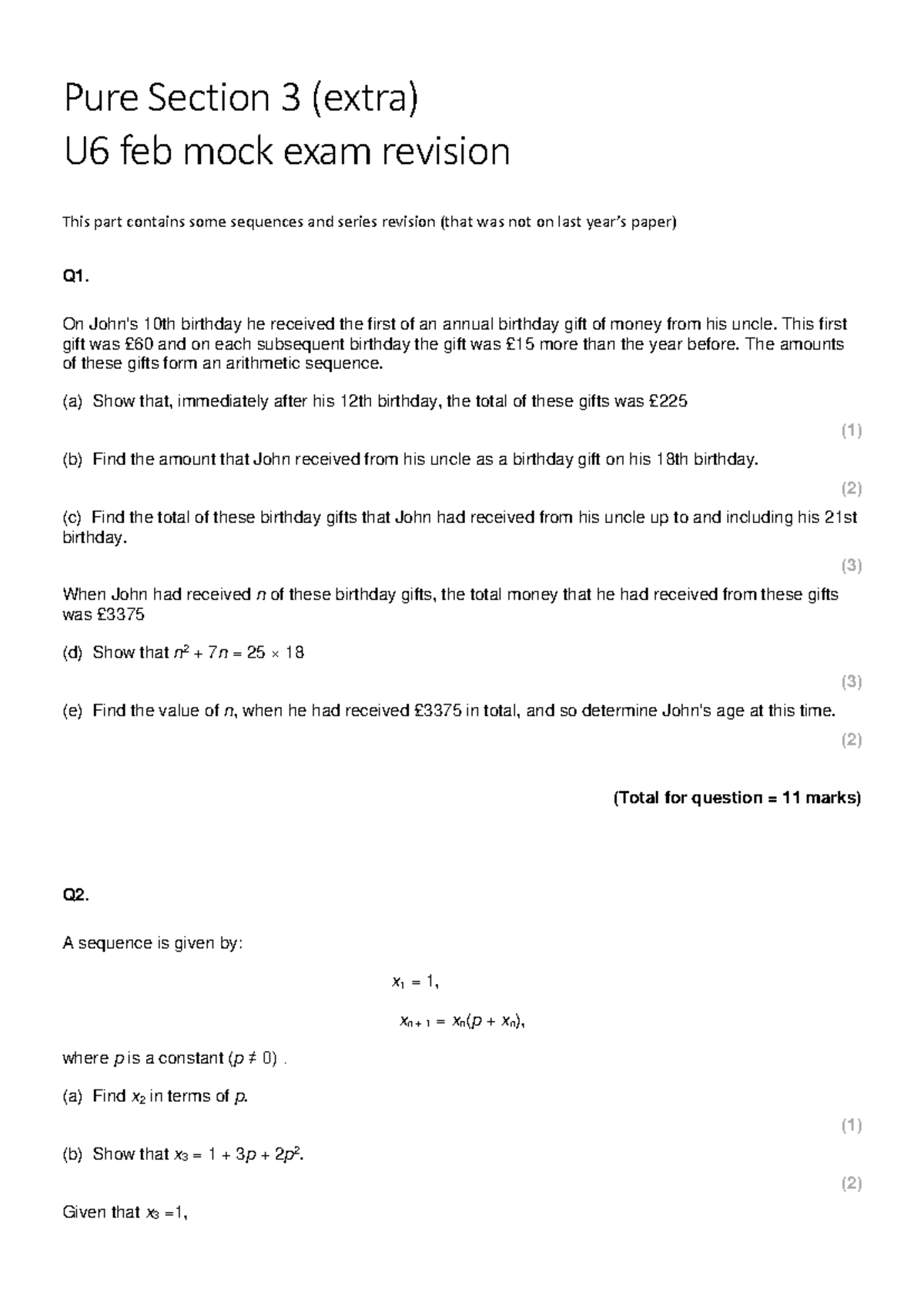 Pure U6 Feb Mock Exam Revision Pack: Sequences & Series - Studocu