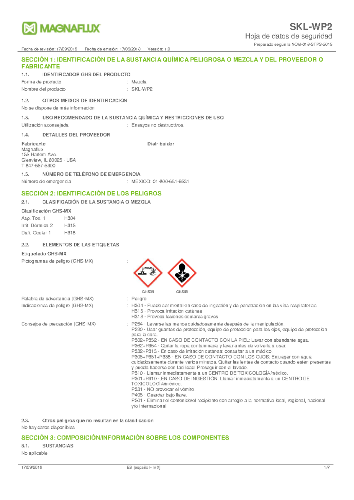 Hoja de Datos de Seguridad - SKL-WP2 - Magnaflux - Studocu