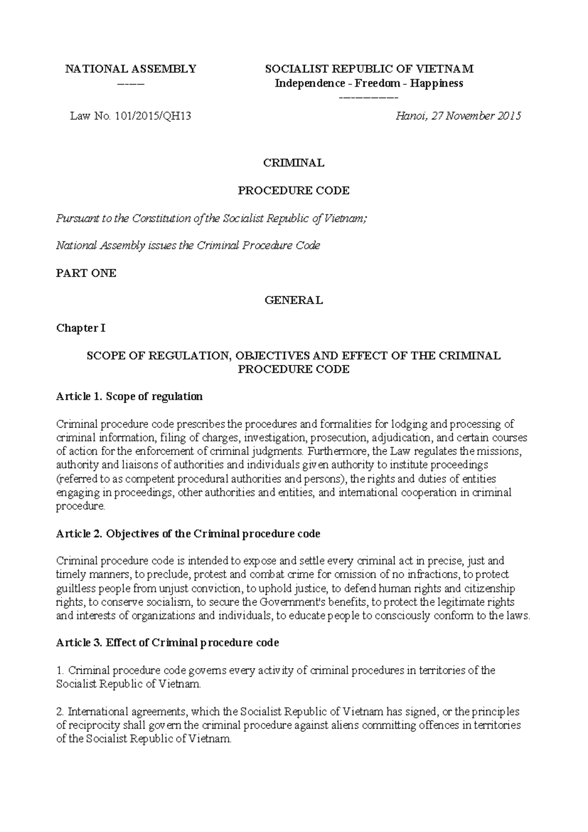 CPC 101: Overview of the 2015 Criminal Procedure Code in Vietnam - Studocu