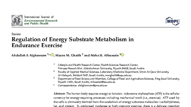 Regulation of Energy Substrate Metabolism in Endurance Exercise (MET 3 ...