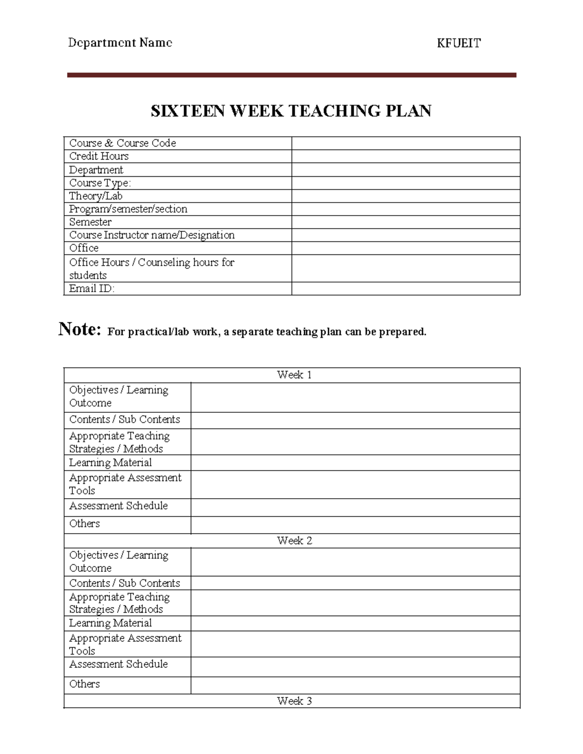 KFUEIT 16-Week Teaching Plan Overview and Strategies - Studocu