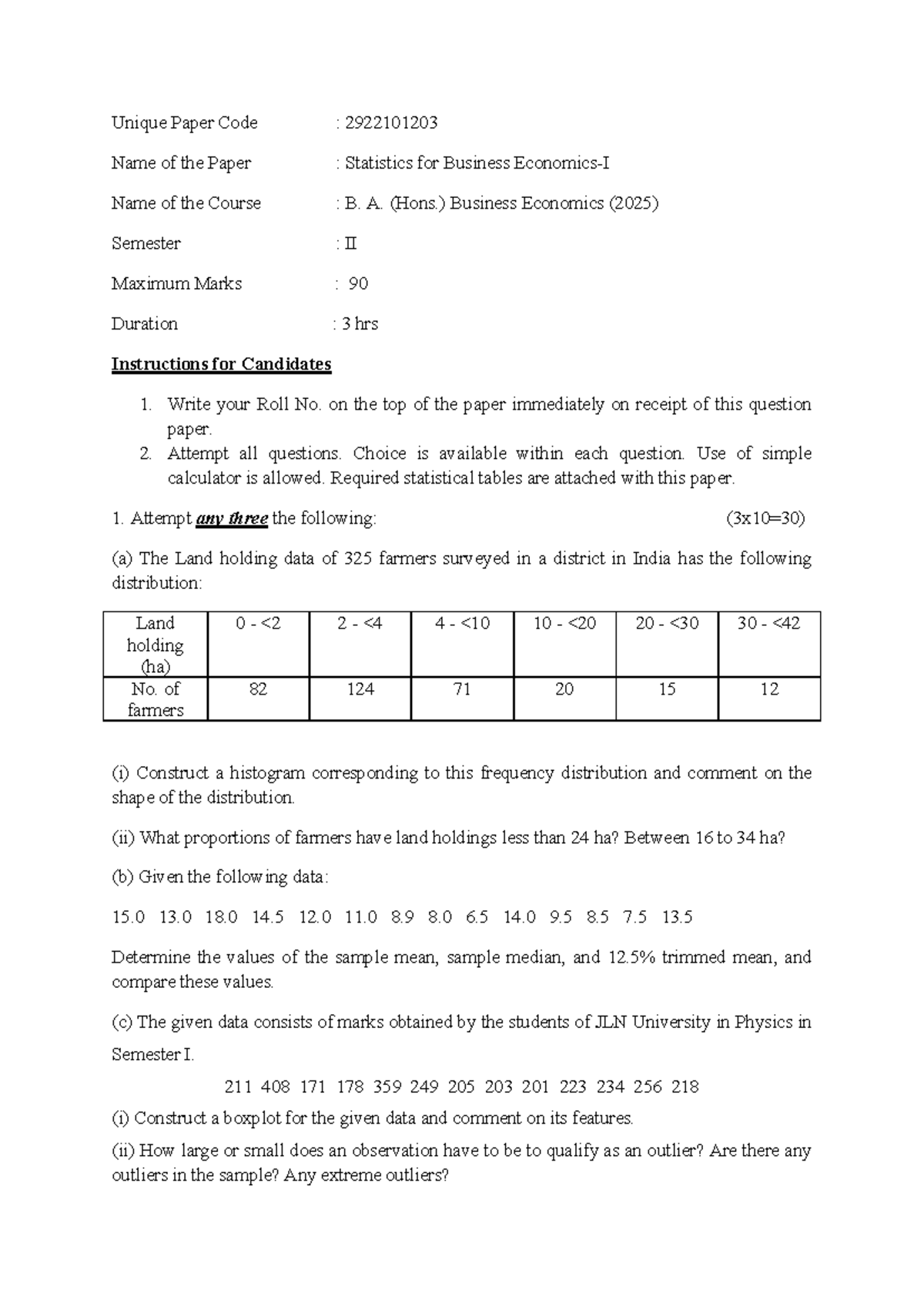 Statistics I Paper 2922101203 - B.A. (Hons.) Business Economics 2025 ...