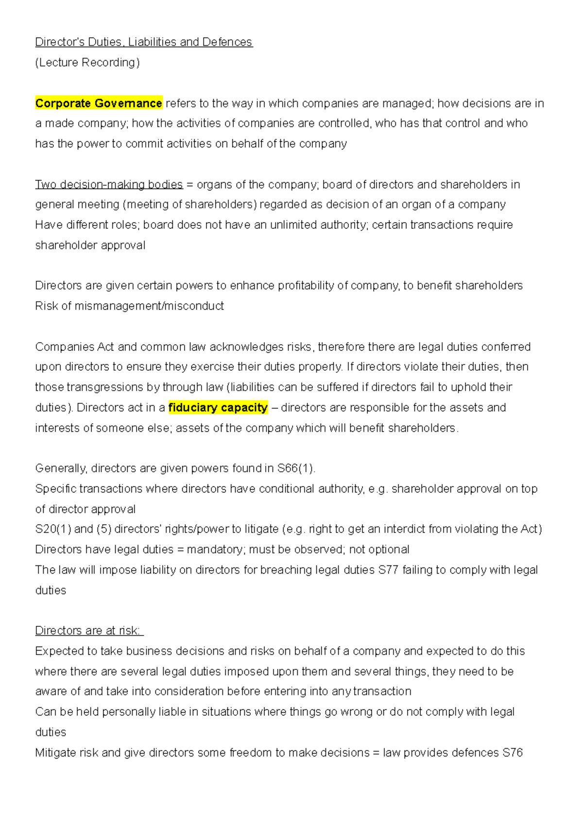 Directors' Duties and Liabilities (Lecture Notes) - Studocu