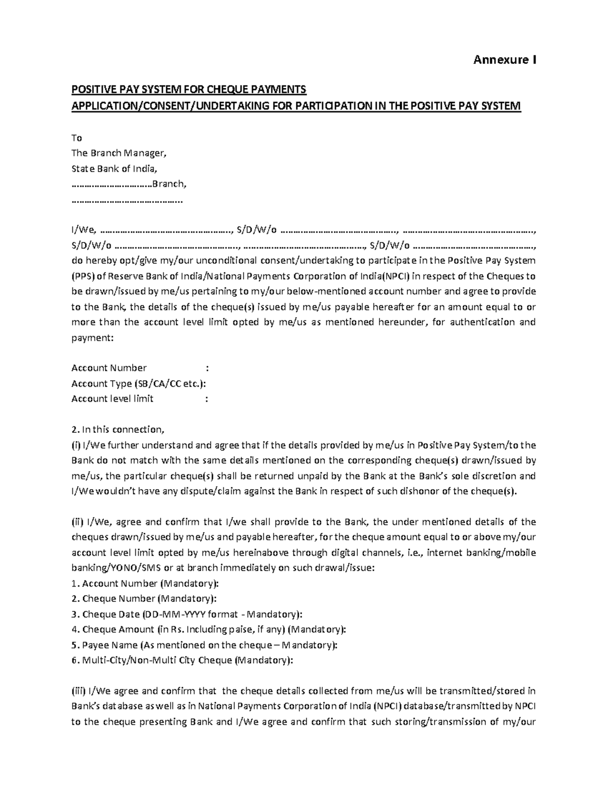 Annexure I: Positive Pay System for Cheque Payments (PPS) - Studocu