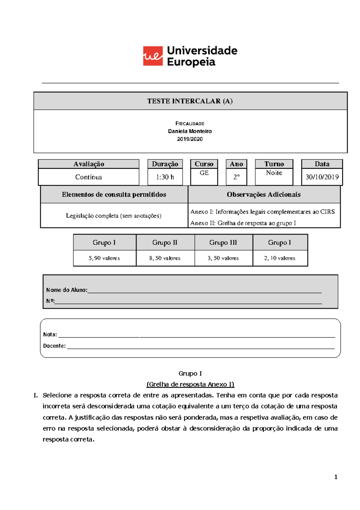Teste Intercalar A 2020 - TESTE INTERCALAR (A) FISCALIDADE Daniela ...