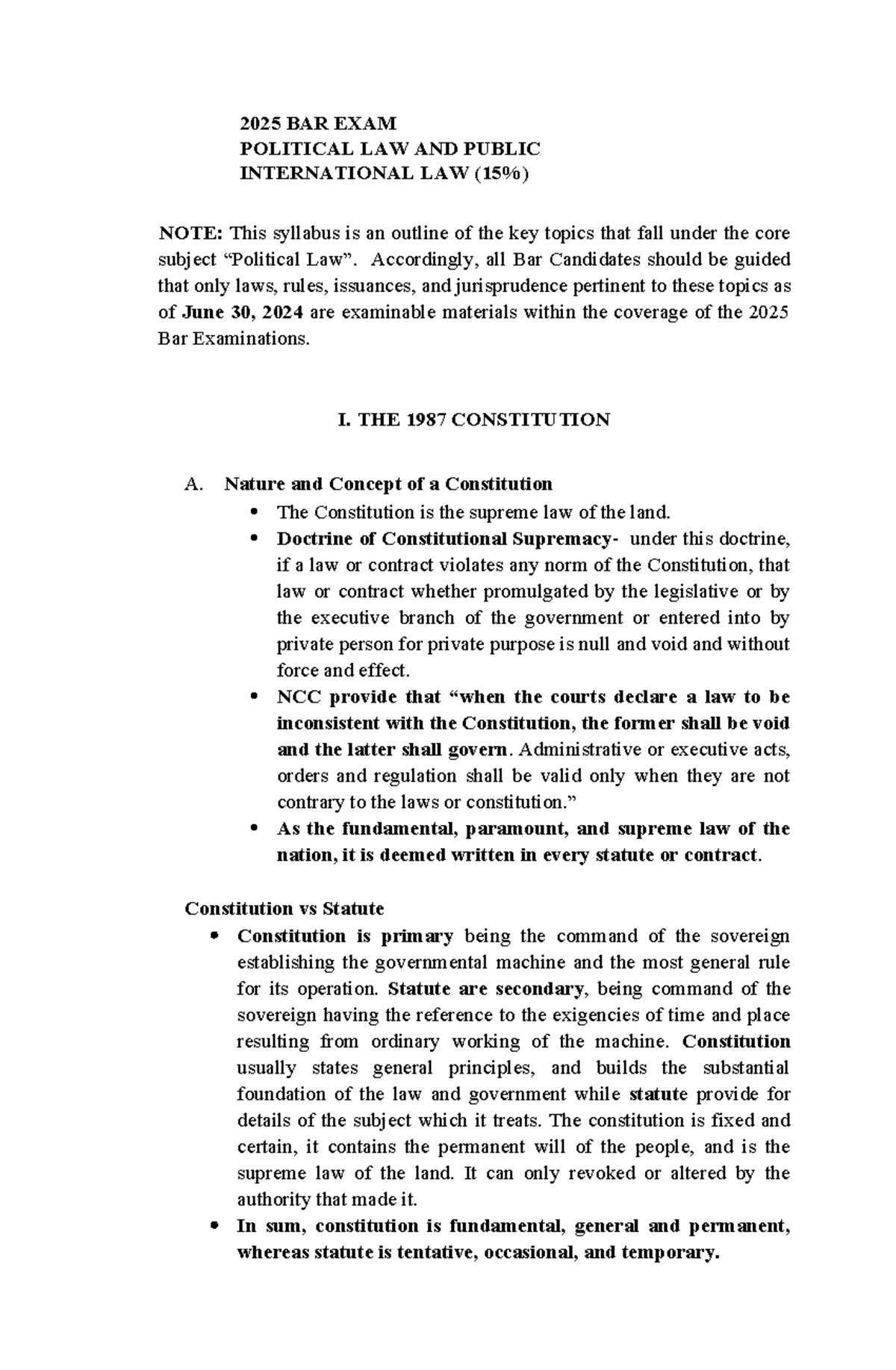2025 BAR EXAM: Political Law & Public International Law Syllabus - Studocu