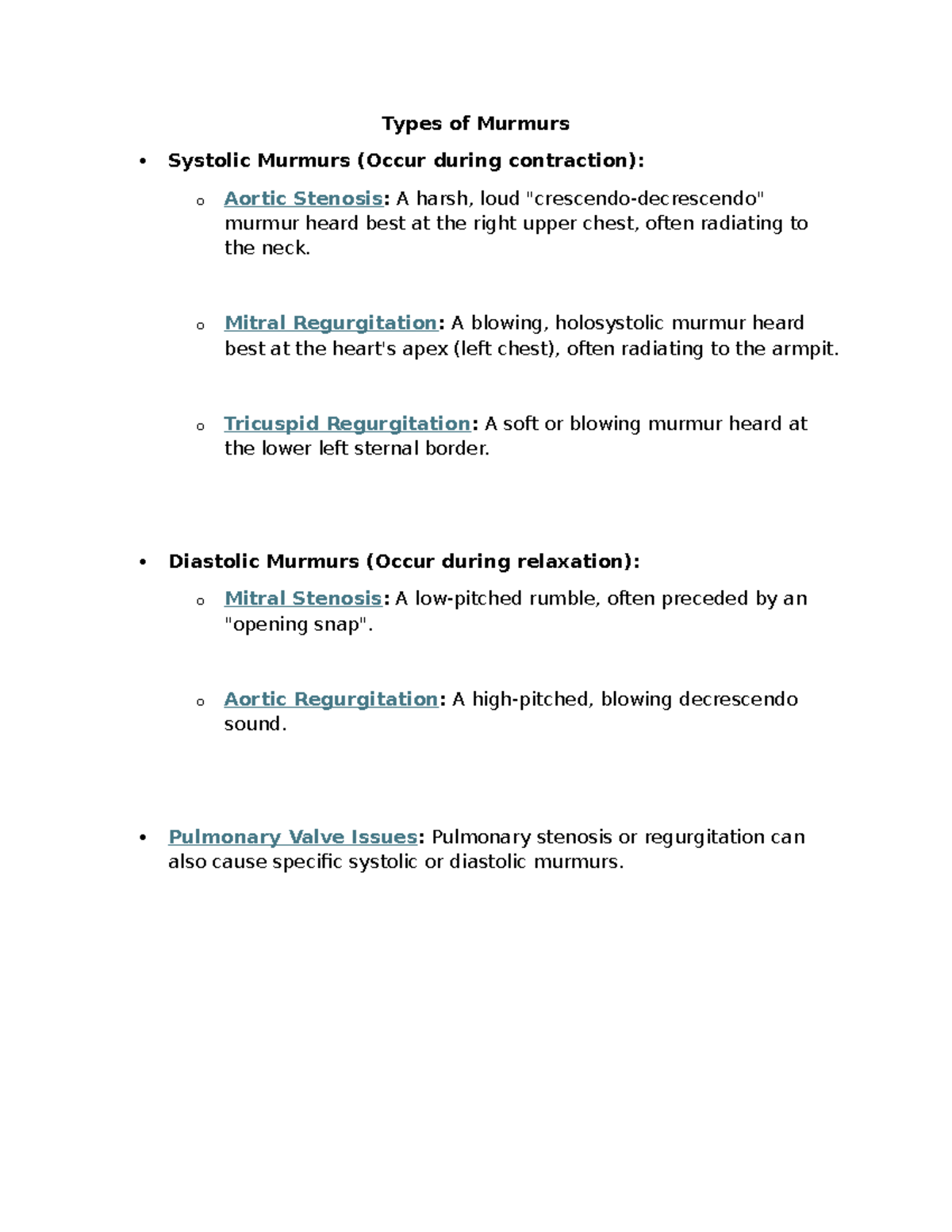 Types of murmurs - definitions - Types of Murmurs Systolic Murmurs ...