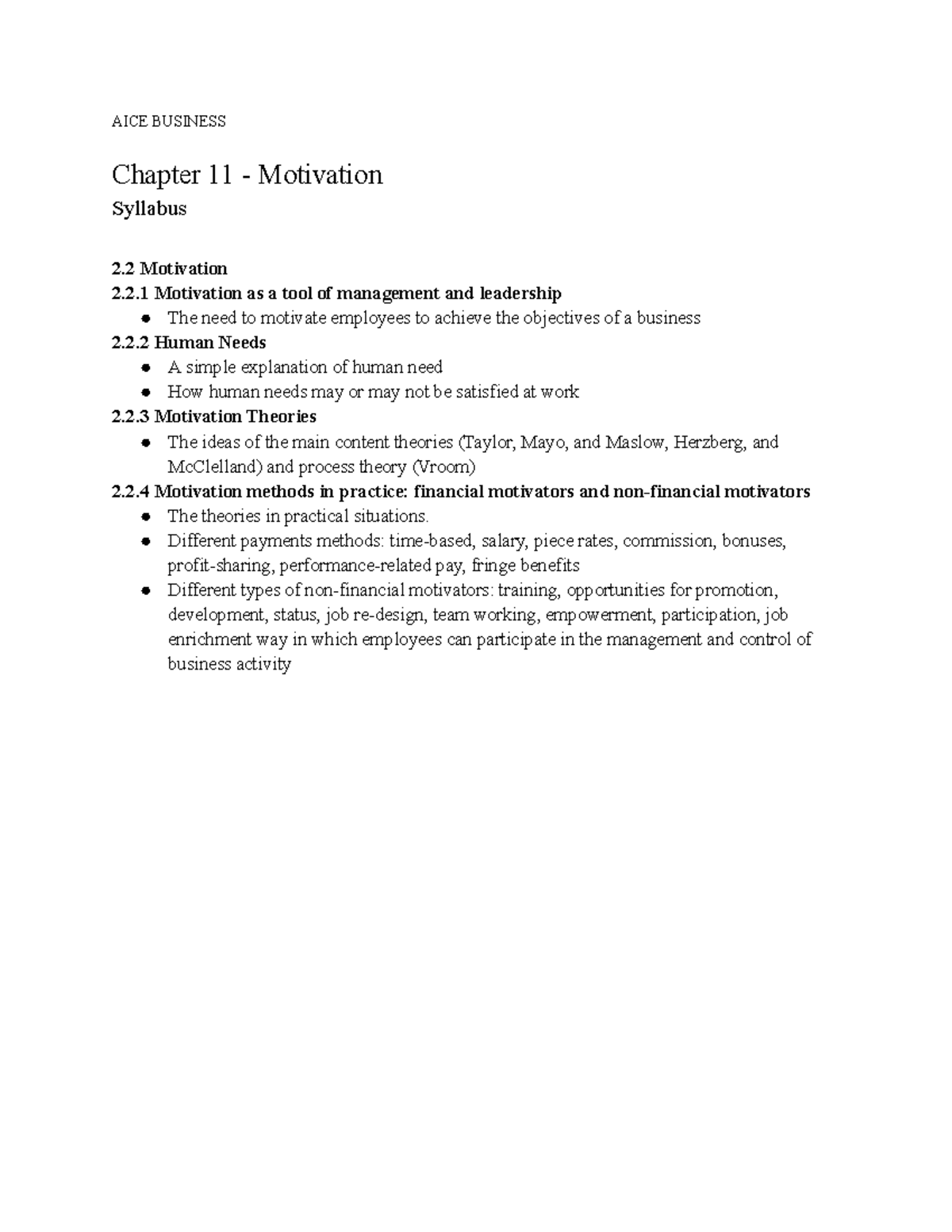 Chapter 11 - Motivation - AICE BUSINESS Chapter 11 - Motivation ...