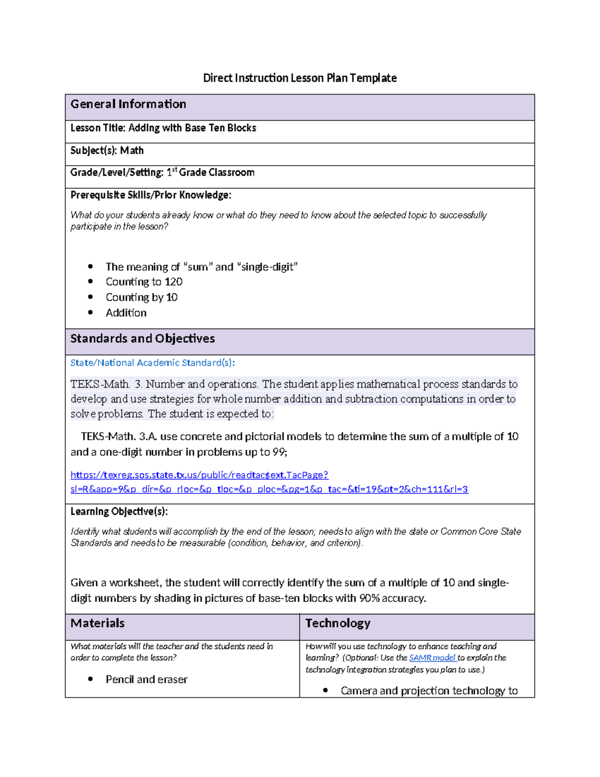 C109 Lesson Plan - Performance Assessment task 1 - Direct Instruction Lesson Plan Template ...