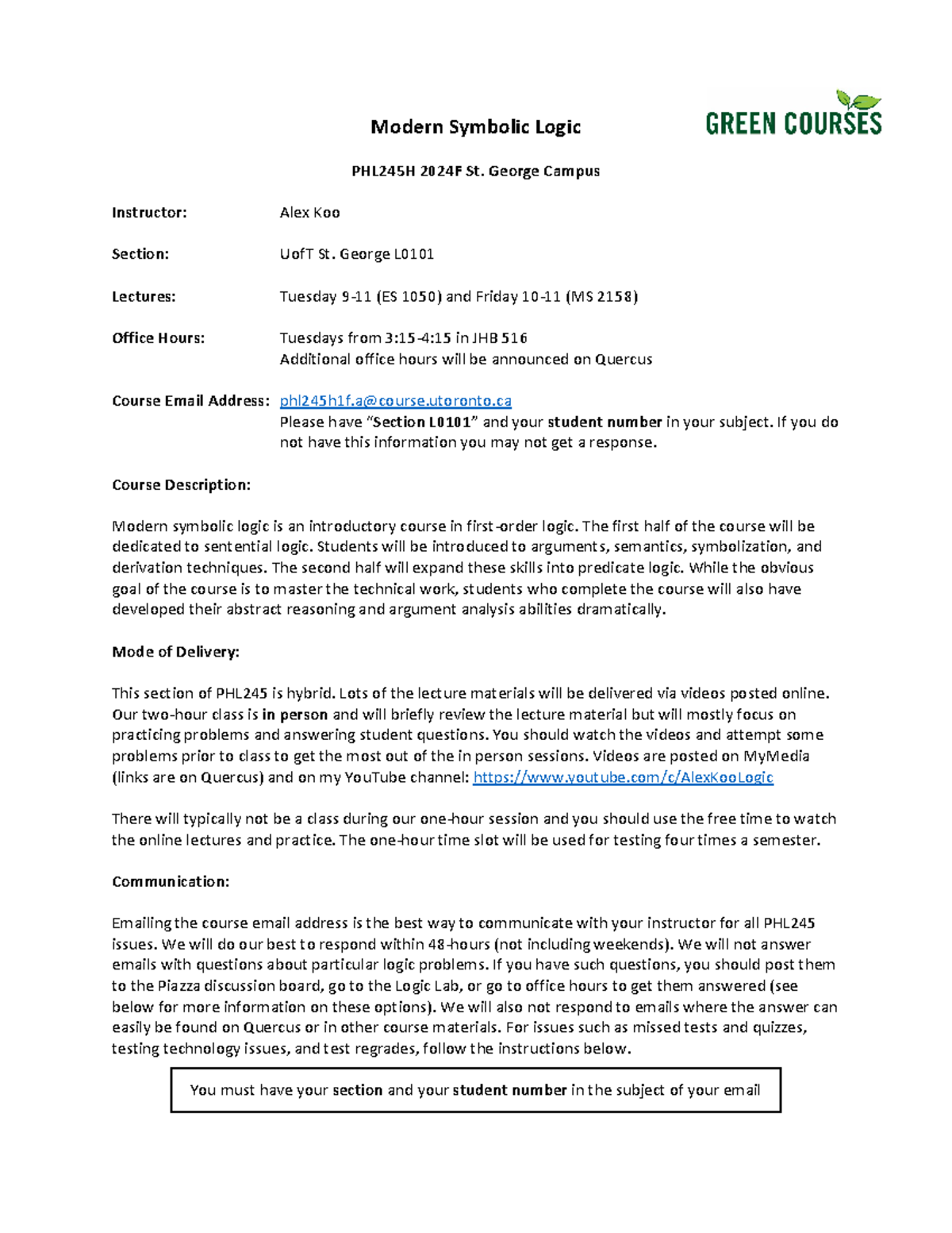 PHL245H 2024F Syllabus for Modern Symbolic Logic Course - Studocu